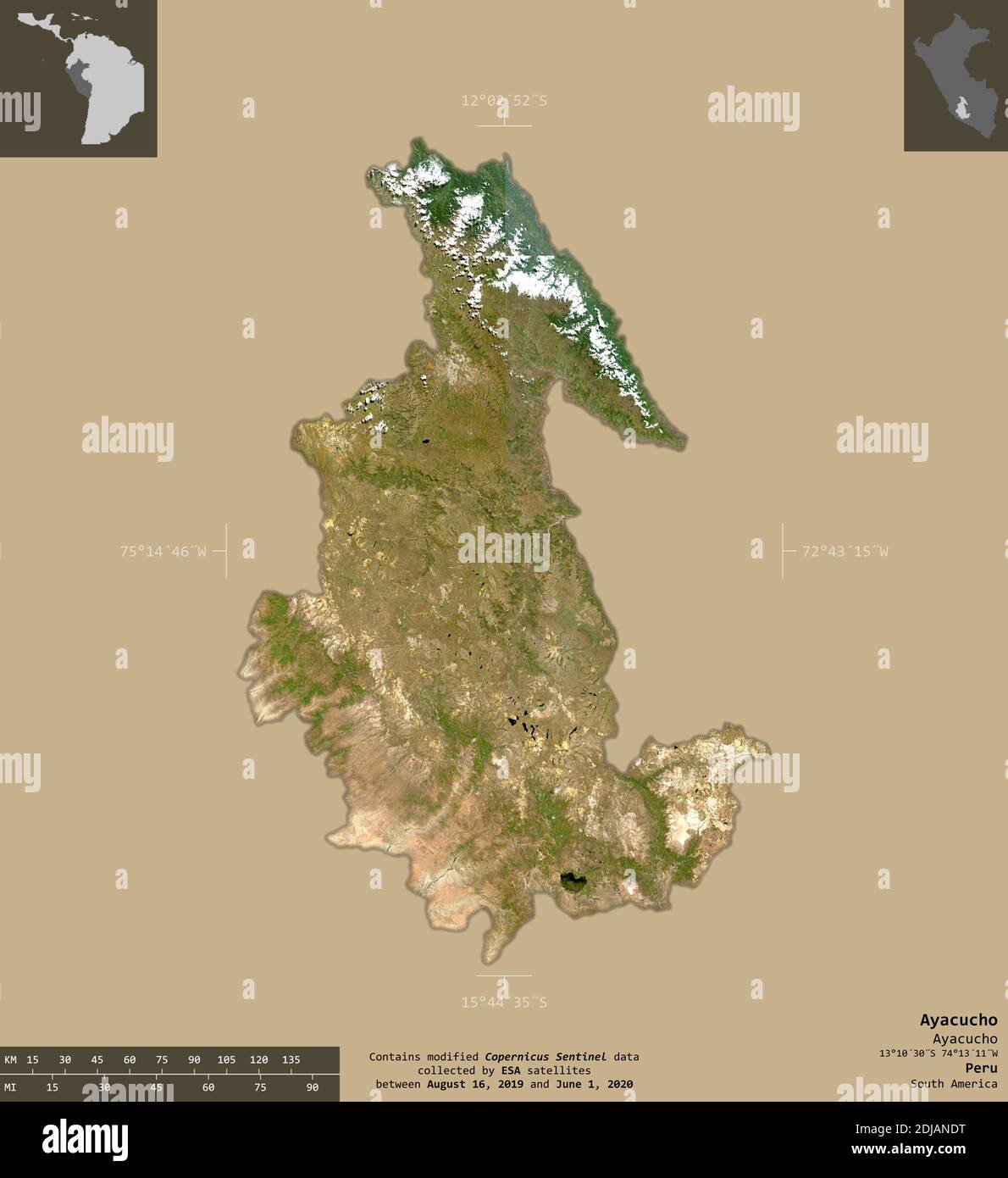 Ayacucho, region of Peru. Sentinel-2 satellite imagery. Shape isolated ...
