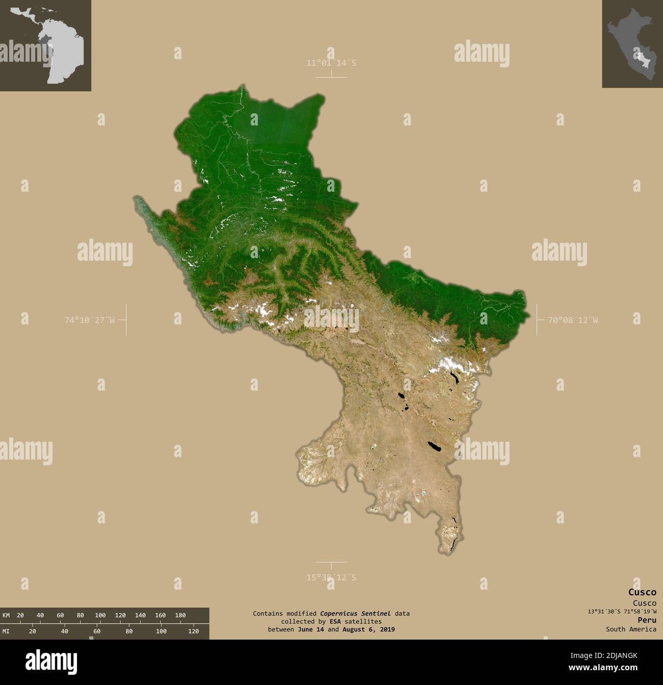 Cusco, region of Peru. Sentinel-2 satellite imagery. Shape isolated on ...