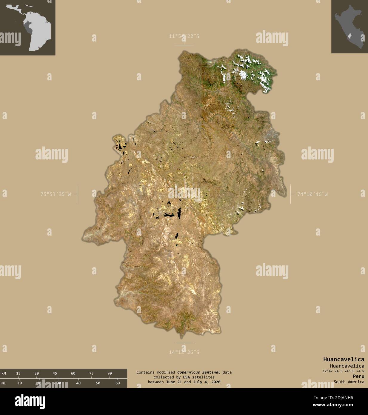 Huancavelica, region of Peru. Sentinel-2 satellite imagery. Shape ...