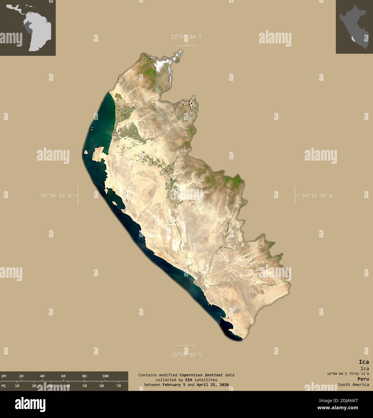 Ica, region of Peru. Sentinel-2 satellite imagery. Shape isolated on ...