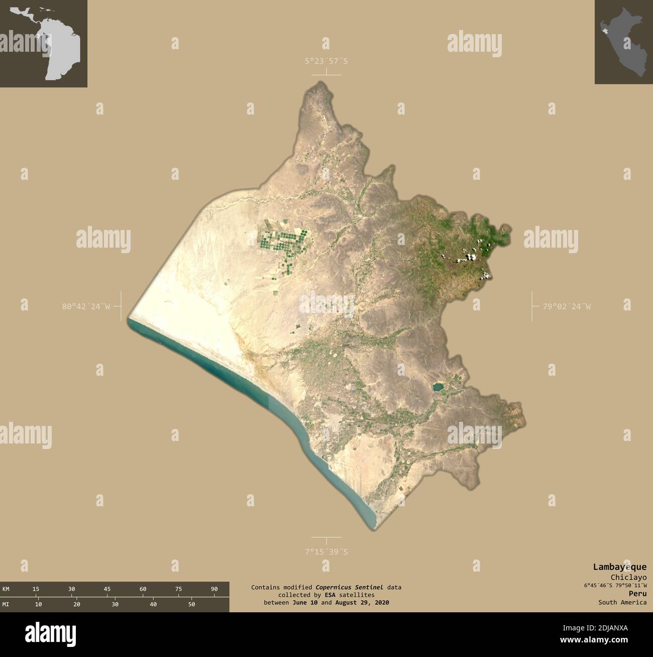 Lambayeque, region of Peru. Sentinel-2 satellite imagery. Shape ...
