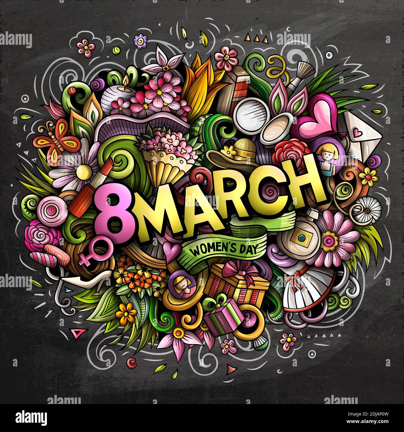 8 March hand drawn cartoon doodles illustration. Funny holiday design ...