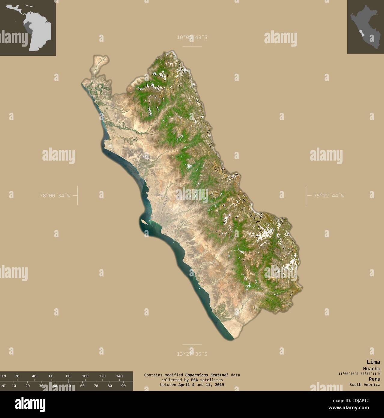 Lima, province of Peru. Sentinel-2 satellite imagery. Shape isolated on ...