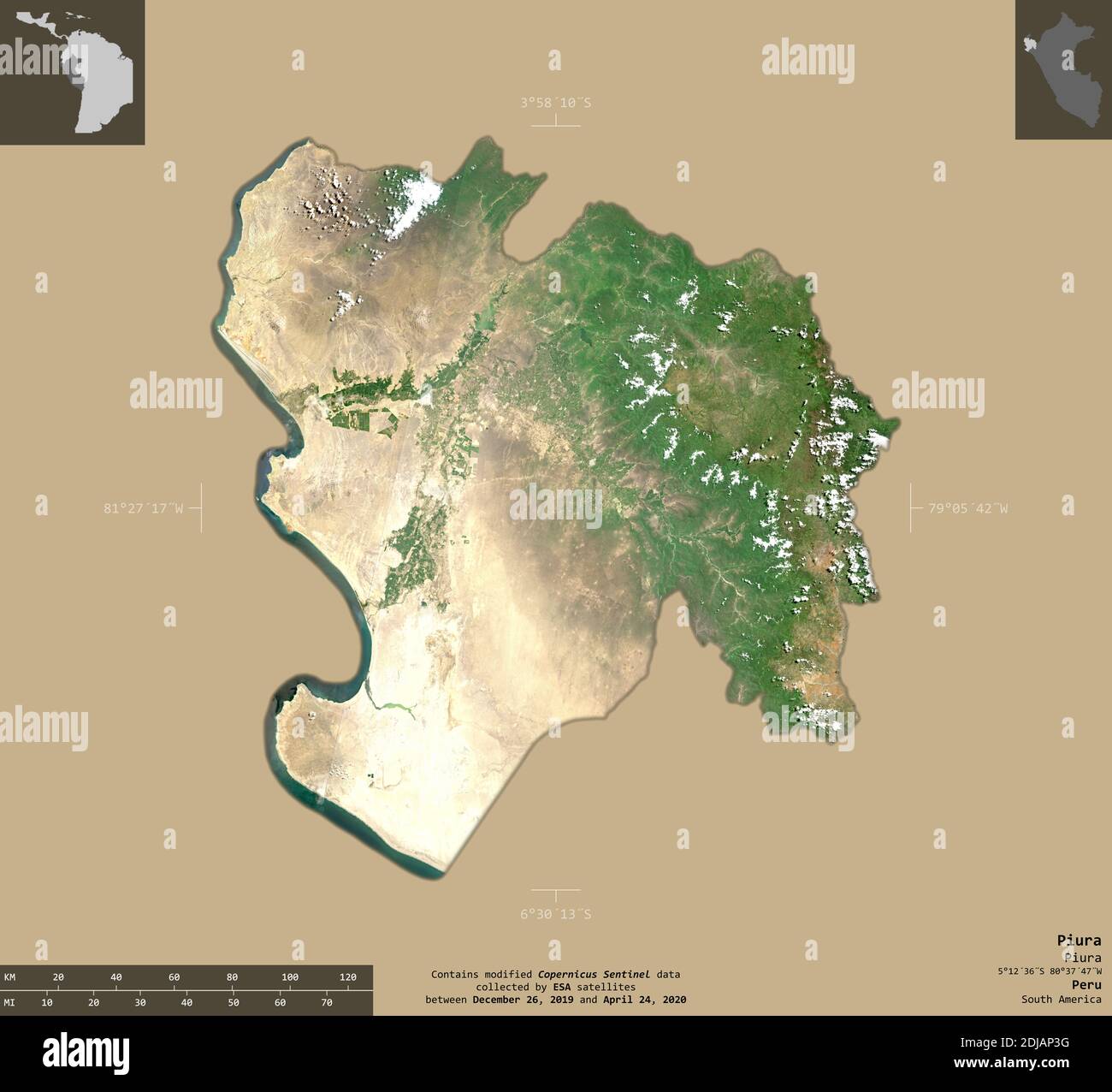 Piura, region of Peru. Sentinel-2 satellite imagery. Shape isolated on ...