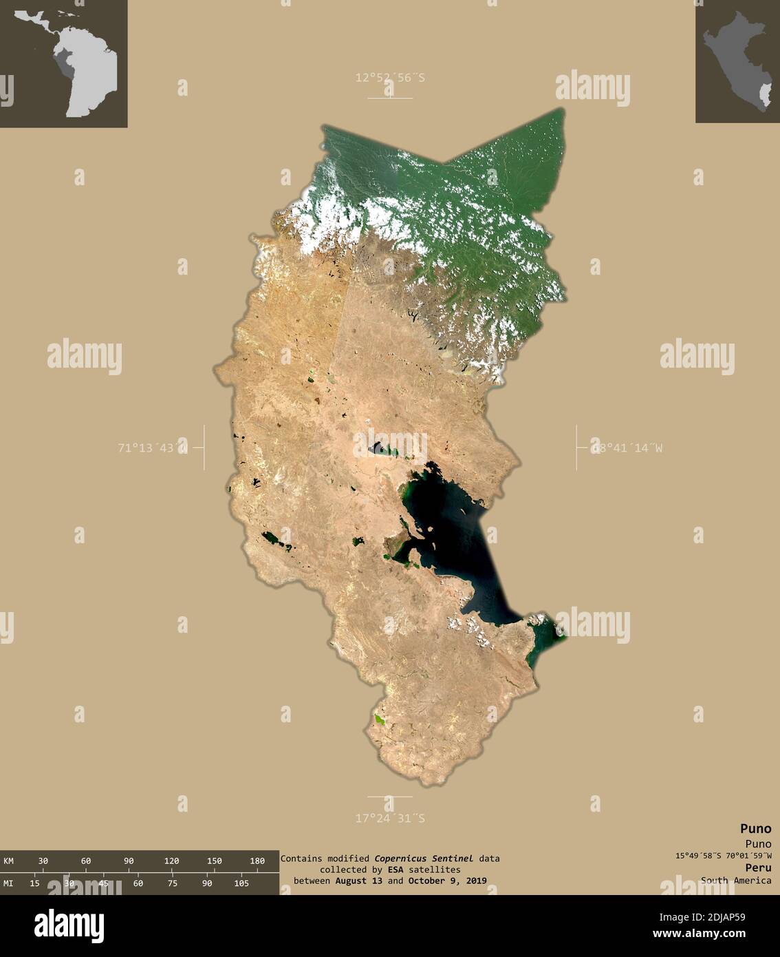 Puno, region of Peru. Sentinel-2 satellite imagery. Shape isolated on ...