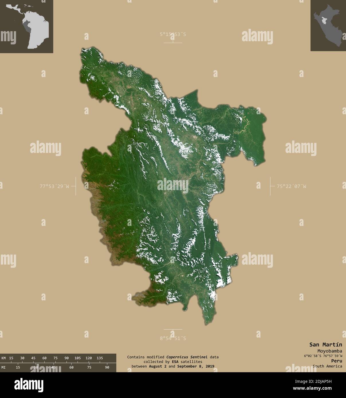 San Martin, region of Peru. Sentinel-2 satellite imagery. Shape ...