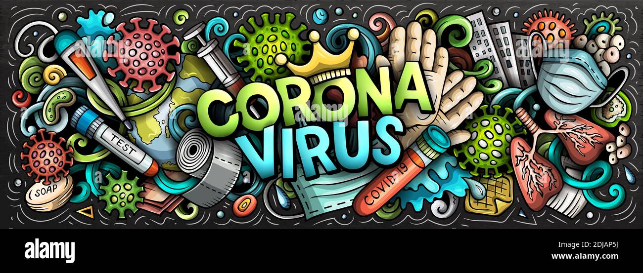 Coronavirus hand drawn cartoon doodles illustration. Quarantine objects ...