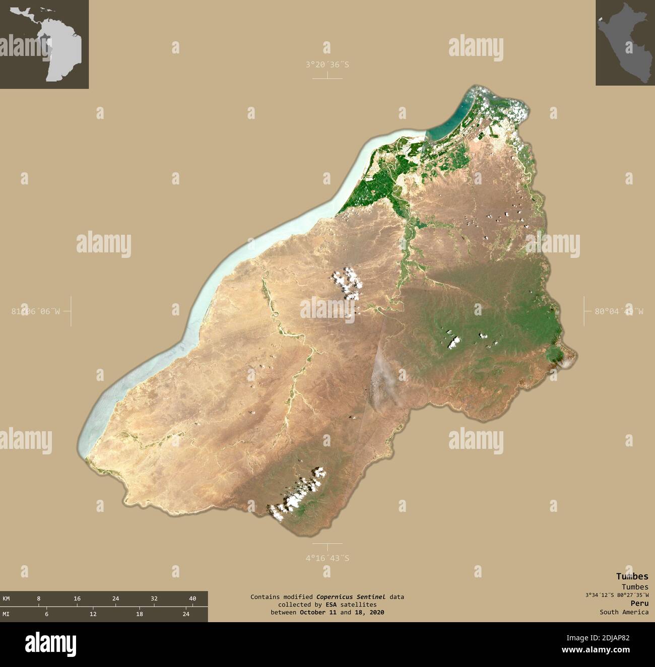 Tumbes, region of Peru. Sentinel-2 satellite imagery. Shape isolated on ...
