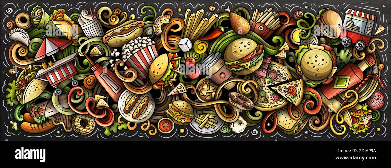 Fastfood hand drawn cartoon doodles illustration. Fast food funny ...