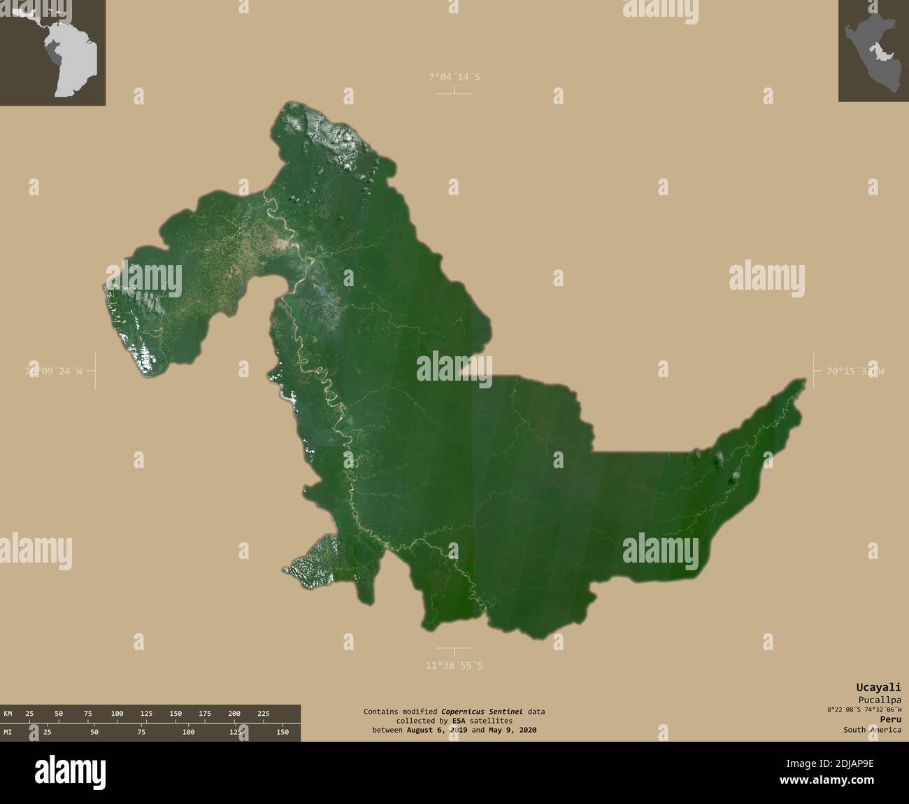 Ucayali, region of Peru. Sentinel-2 satellite imagery. Shape isolated ...