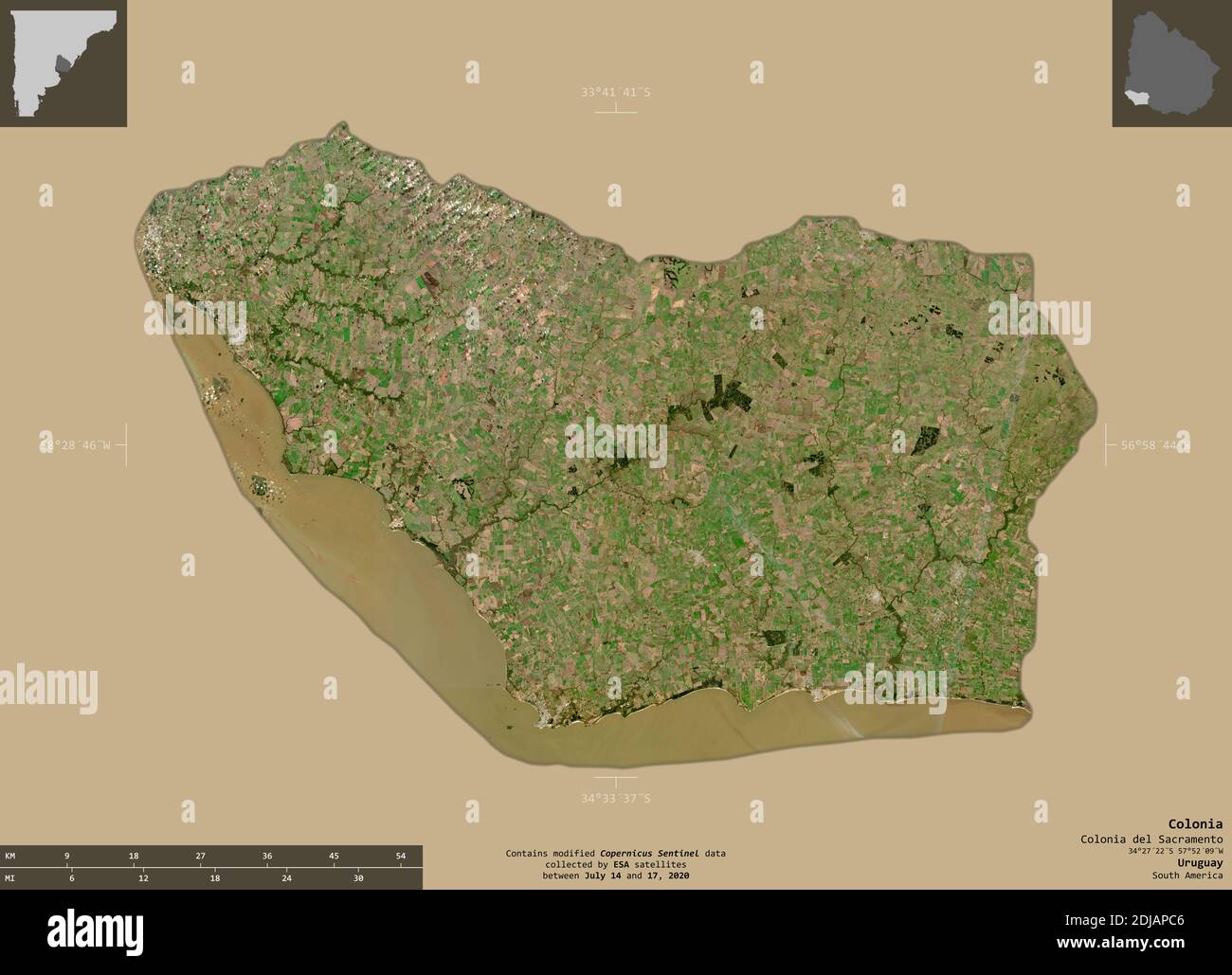 Colonia, department of Uruguay. Sentinel-2 satellite imagery. Shape ...