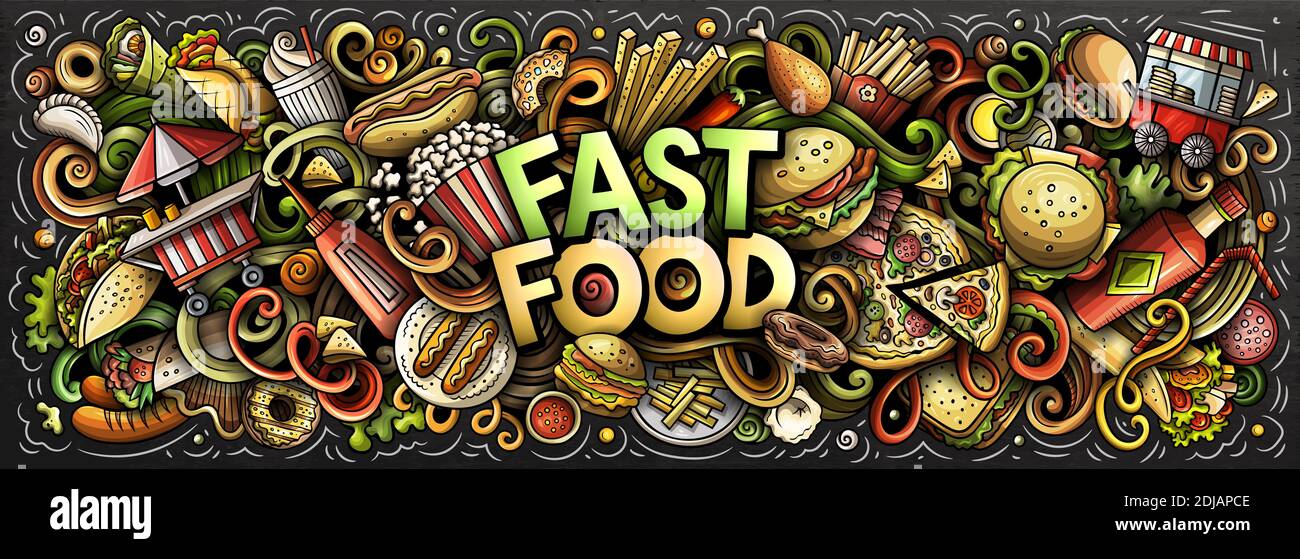 Fastfood hand drawn cartoon doodles illustration. Fast food funny ...