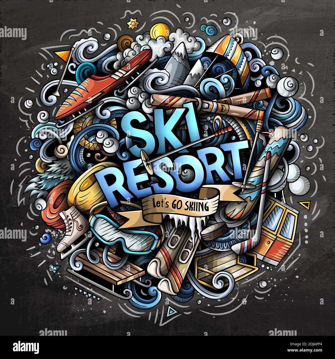 Ski Resort hand drawn cartoon doodles illustration. Funny objects and ...
