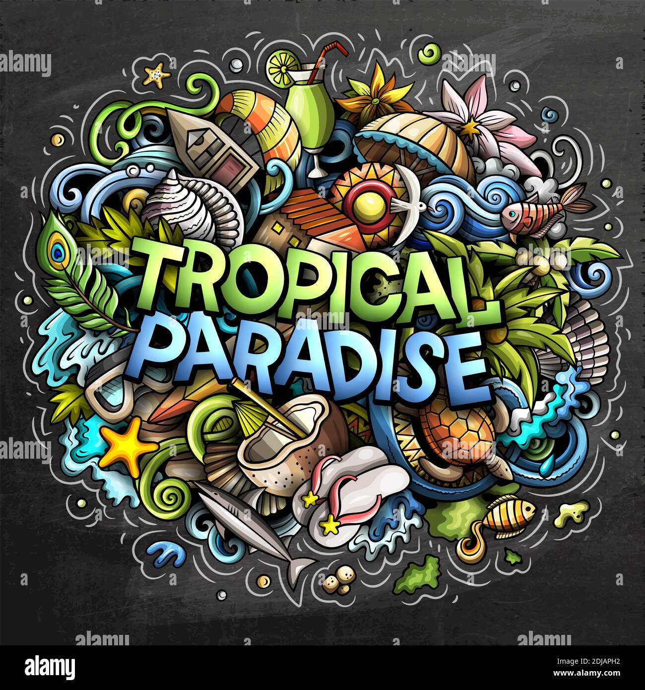 Tropical paradise hand drawn cartoon doodles illustration. Funny ...