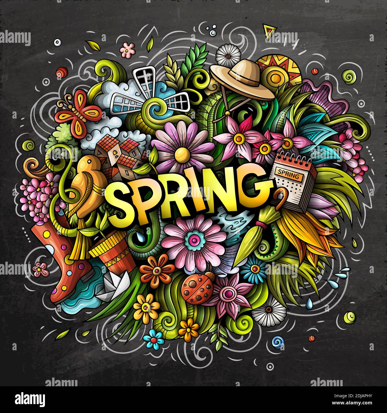 Spring hand drawn cartoon doodles illustration. Funny seasonal design ...