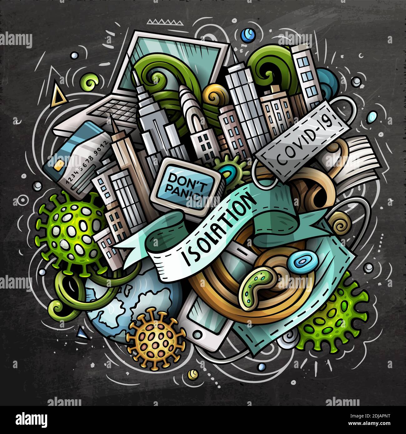 Cartoon raster doodles Isolation illustration. Bright colors epidemic ...