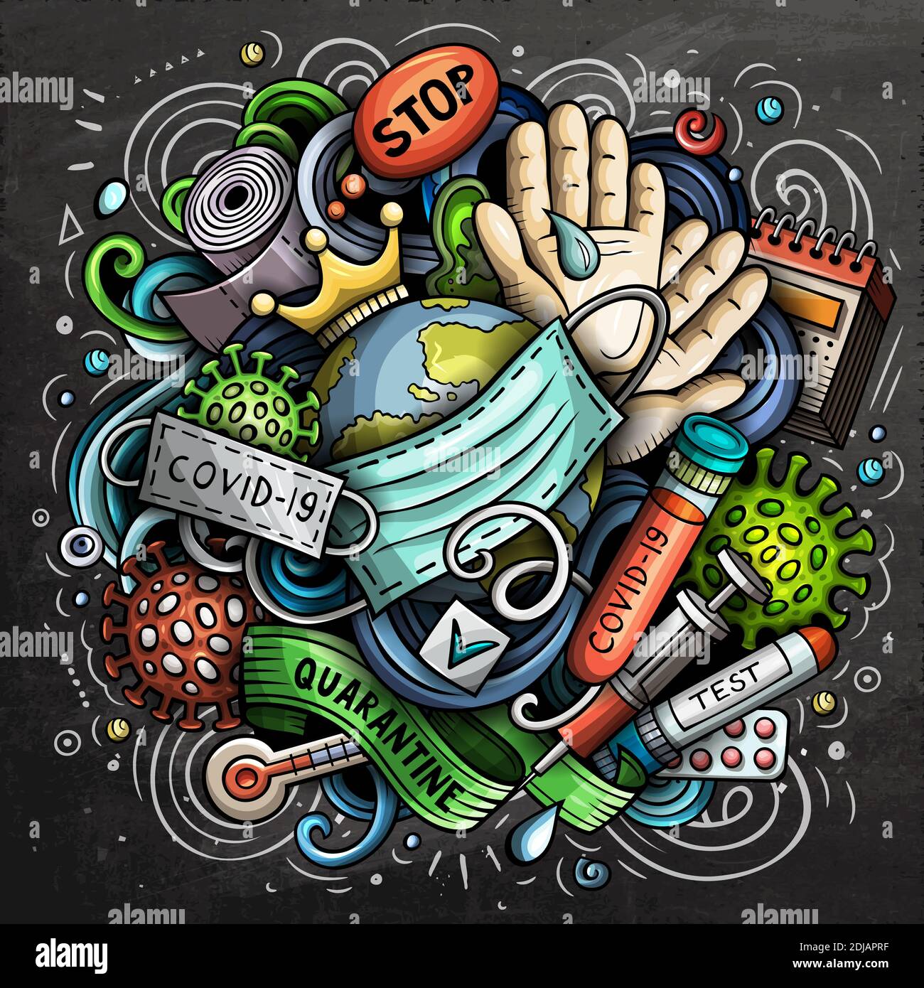 Cartoon raster doodles quarantine illustration. Bright colors epidemic ...