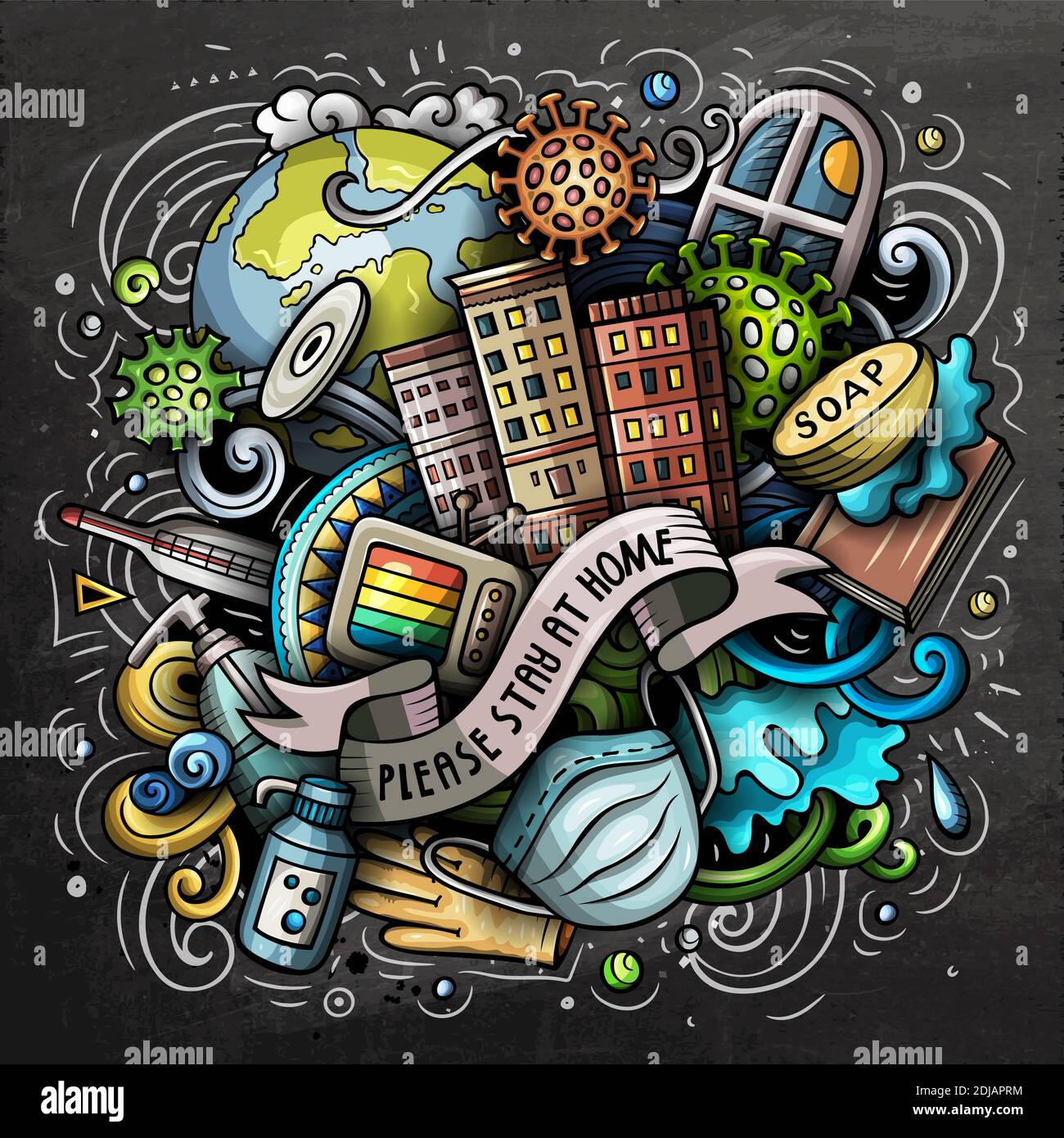 Cartoon raster doodles Please, Stay at Home illustration Stock Photo ...