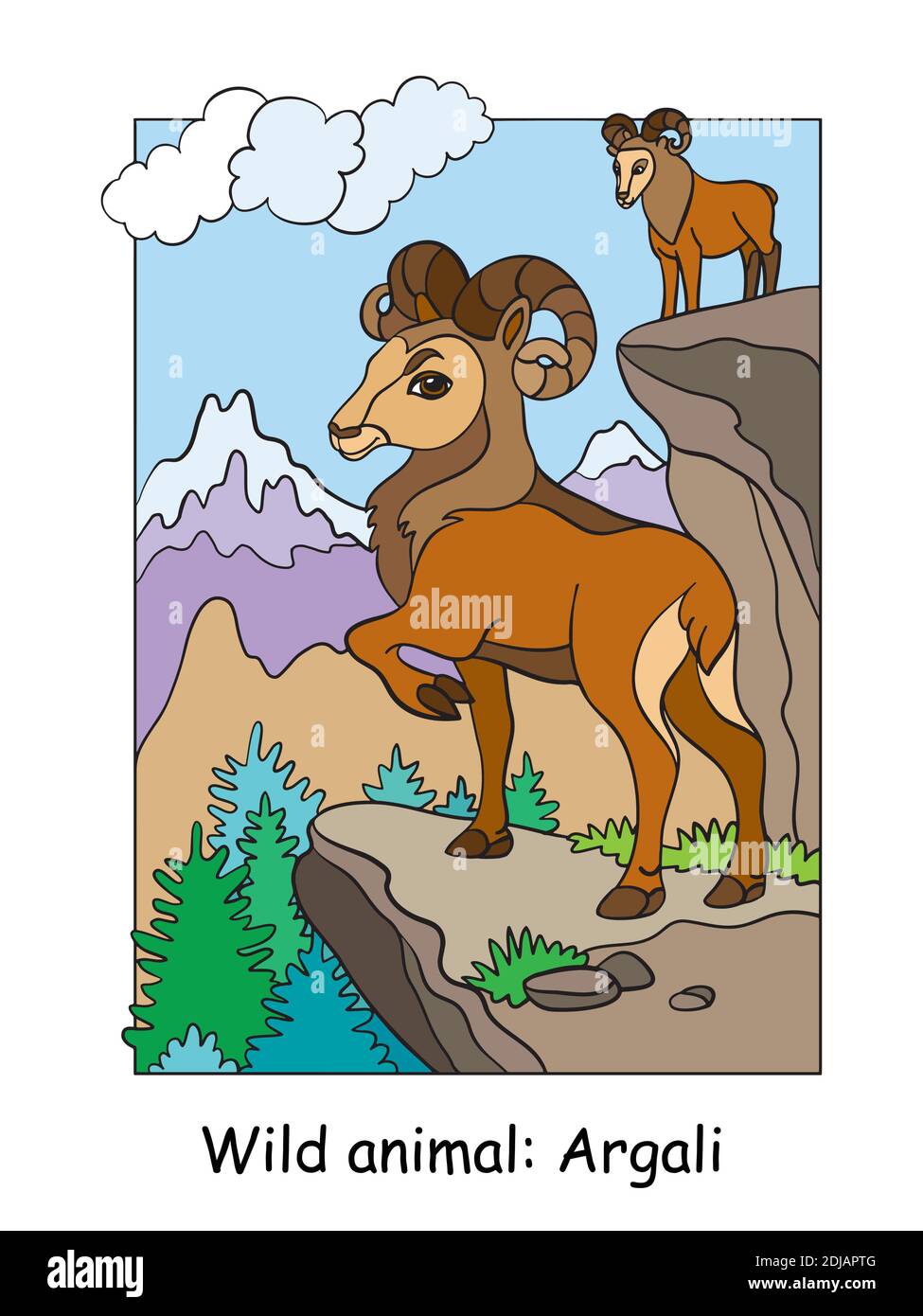 Vector colorful illustration with cute argali in mountain area. Cartoon ...
