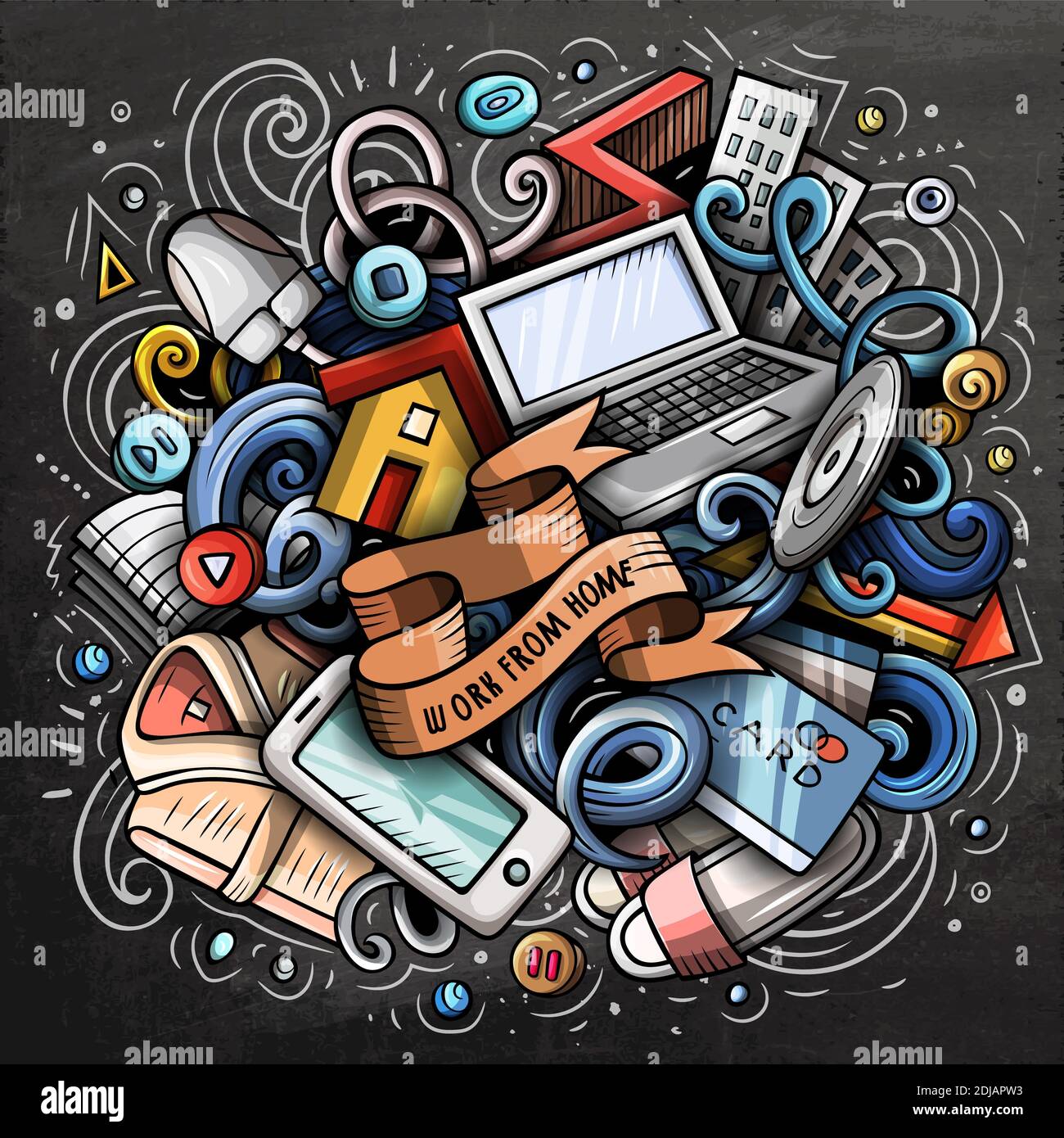 Cartoon raster doodles Work from Home illustration. Bright colors ...