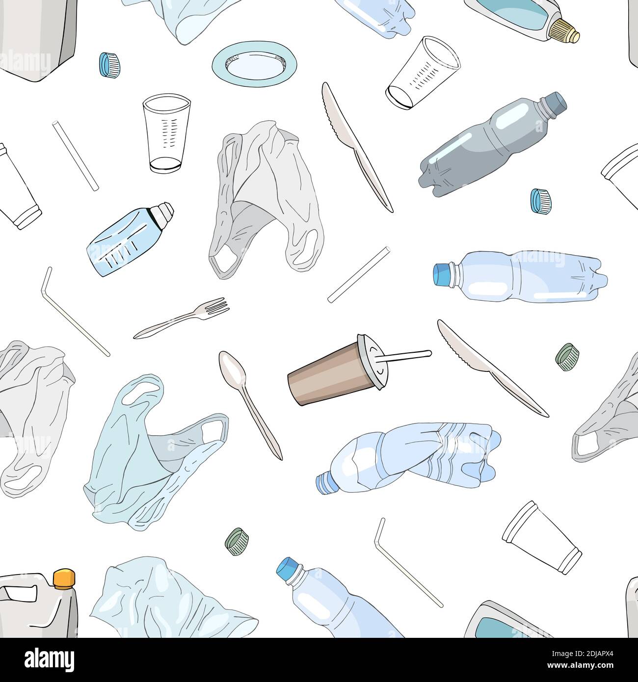 Outline seamless pattern with sorted plastic garbage isolated on white ...