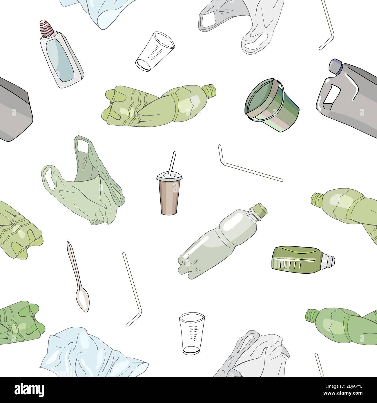 Outline seamless pattern with sorted plastic garbage isolated on white ...