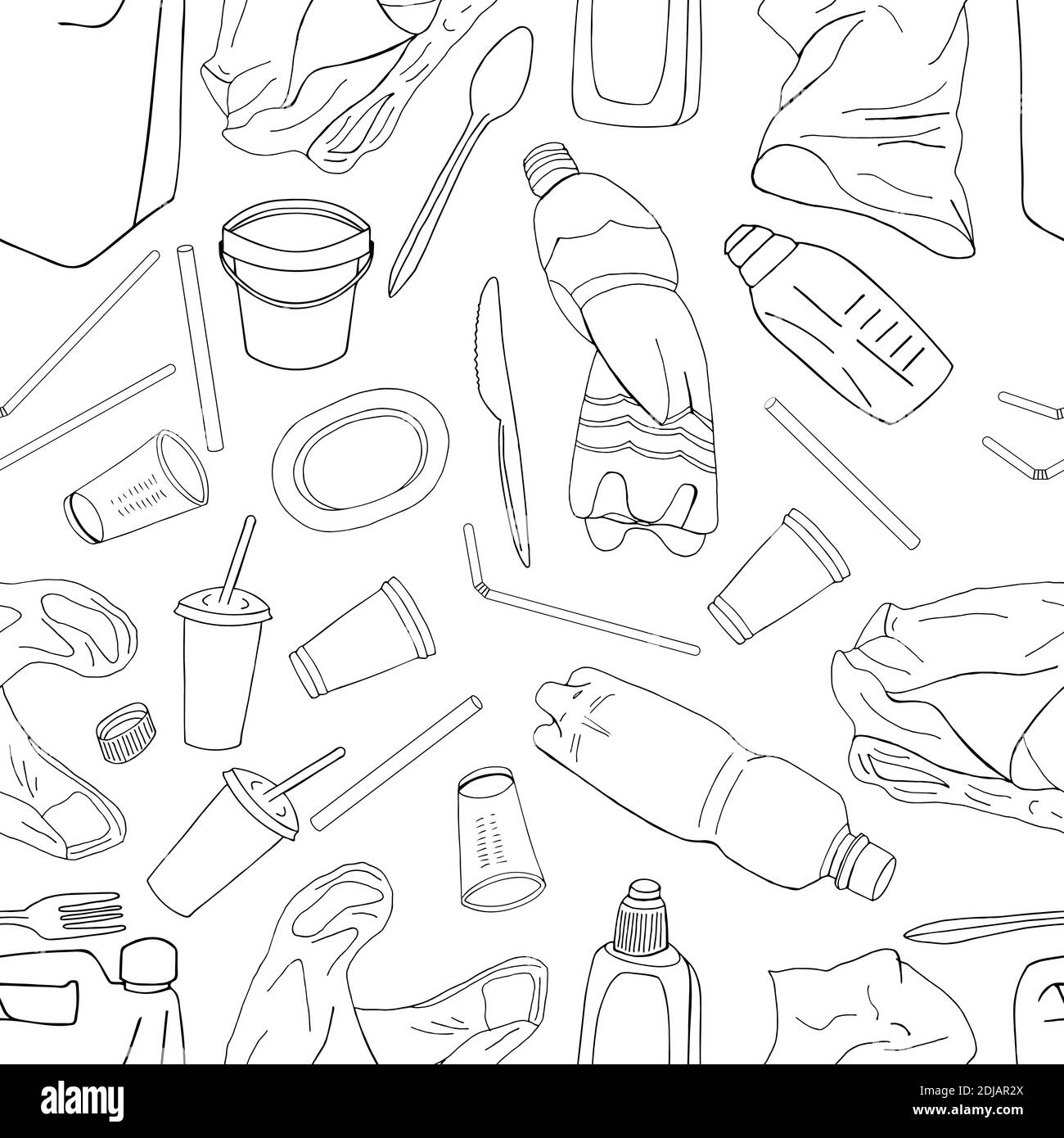 Outline seamless pattern with sorted plastic garbage isolated on white ...