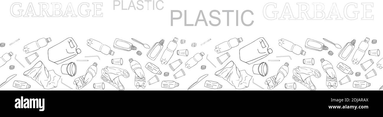 Outline seamless vector border with sorted plastic garbage isolated on ...