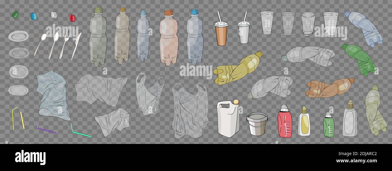 Big waste Set Of Transparent Empty Packaging. Plastic Trash. Vector ...