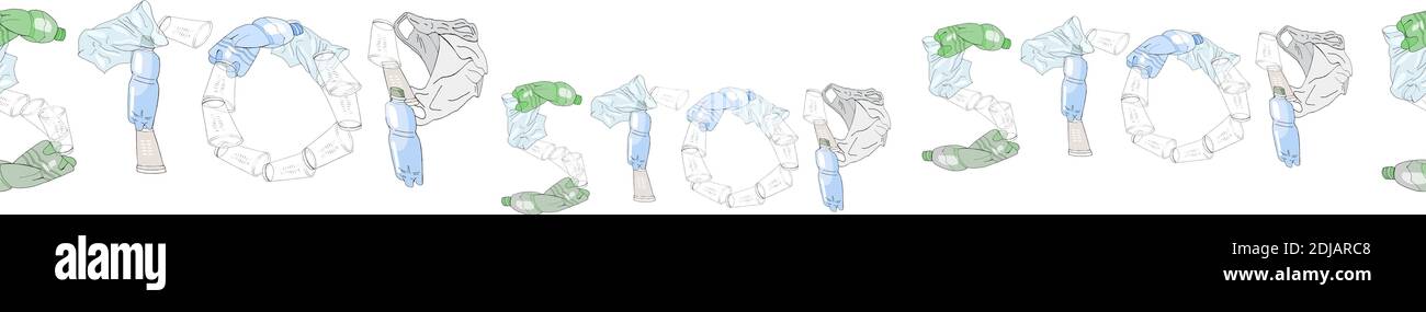 Seamless border with sorted plastic garbage isolated on white ...