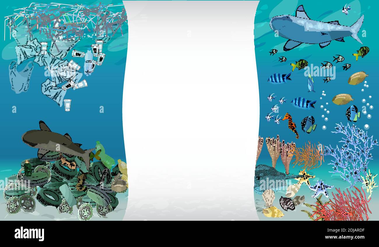 Vector template with different types of plastic garbage and chemical ...