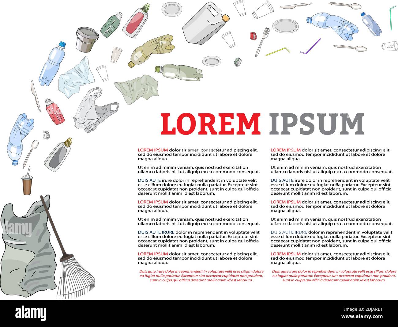 Template with bag and different kinds of garbage isolate on white. The ...