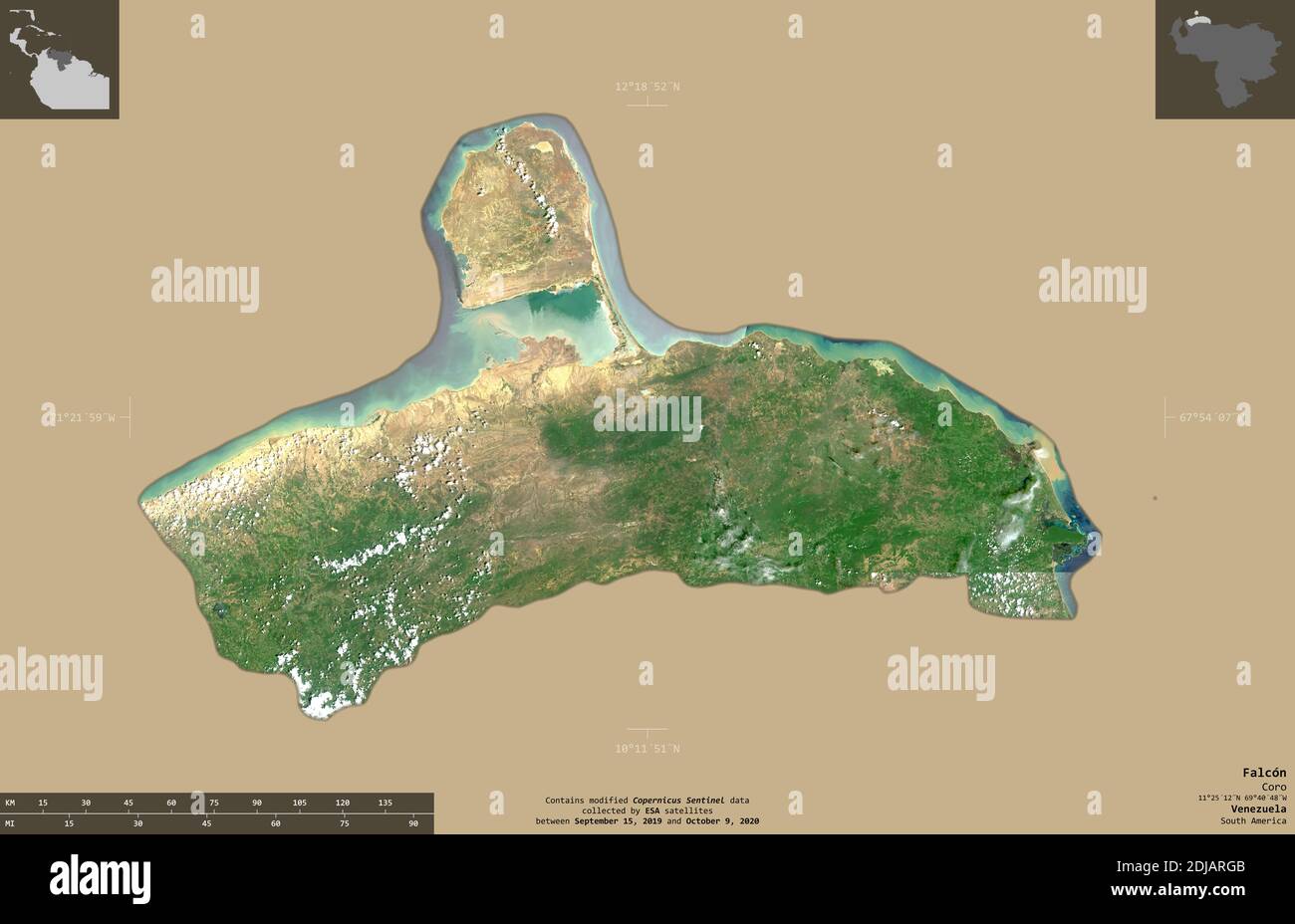 Falcon, state of Venezuela. Sentinel-2 satellite imagery. Shape ...