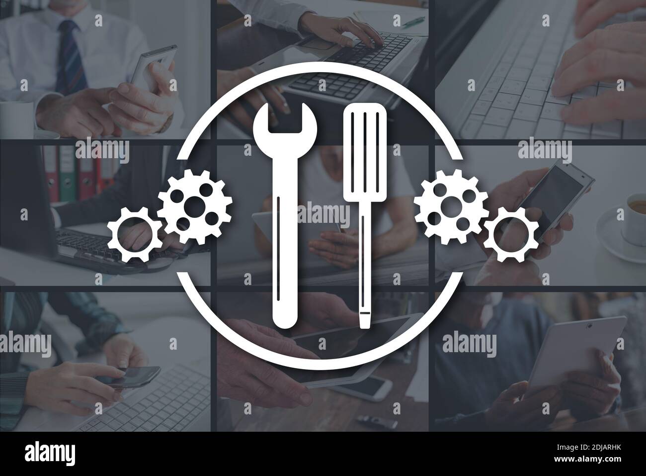 Maintenance service concept illustrated by pictures on background Stock ...