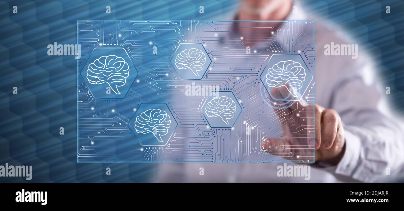 Man touching an artificial intelligence concept on a touch screen with ...