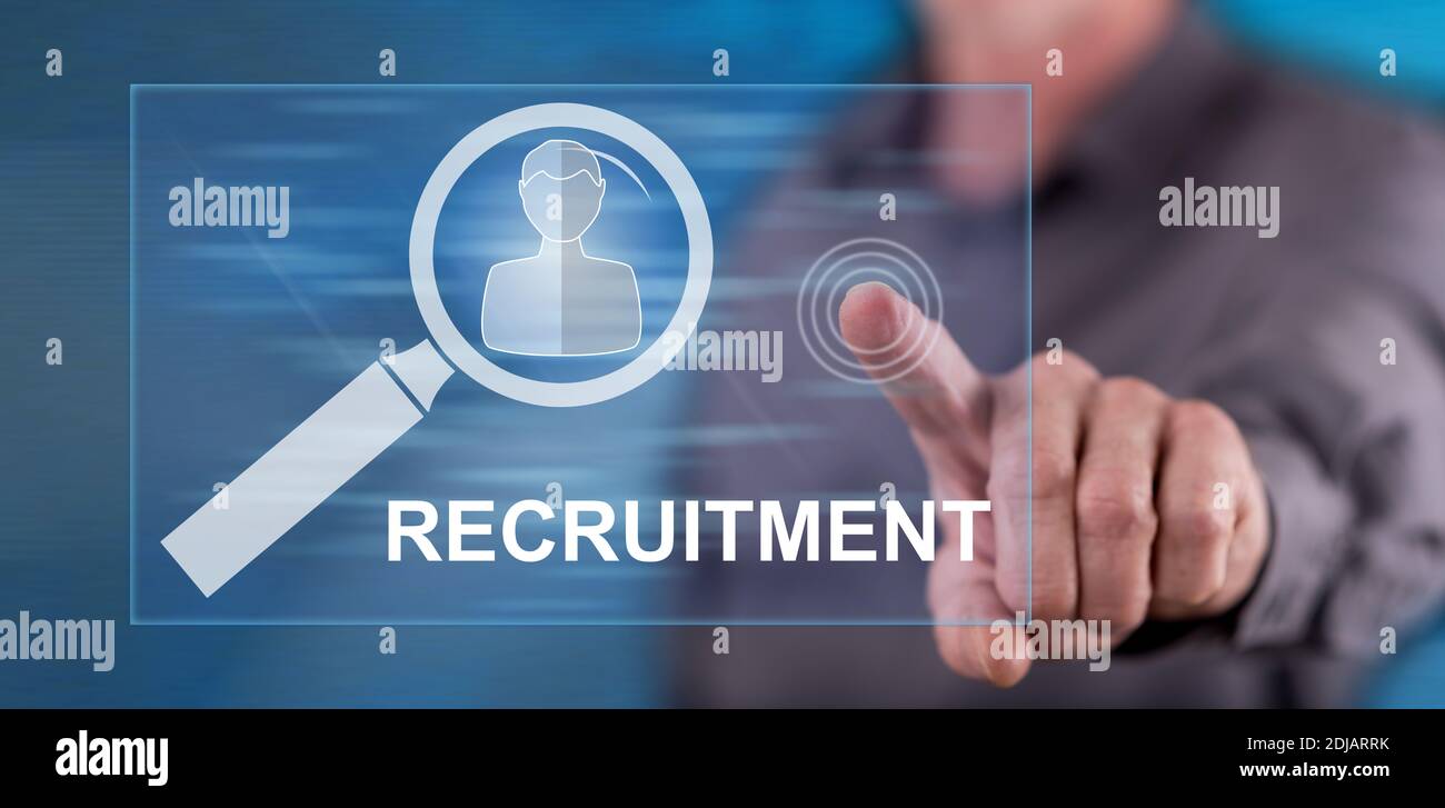 Man touching a recruitment concept on a touch screen with his finger ...
