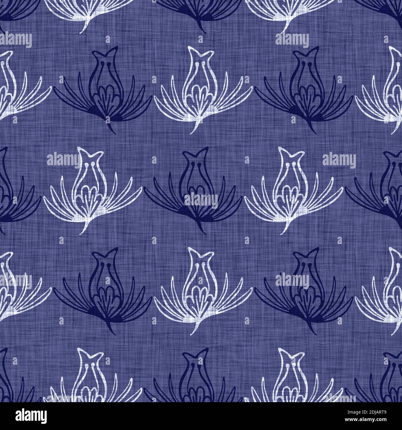Indigo blue flower block print dyed linen texture background. Seamless ...