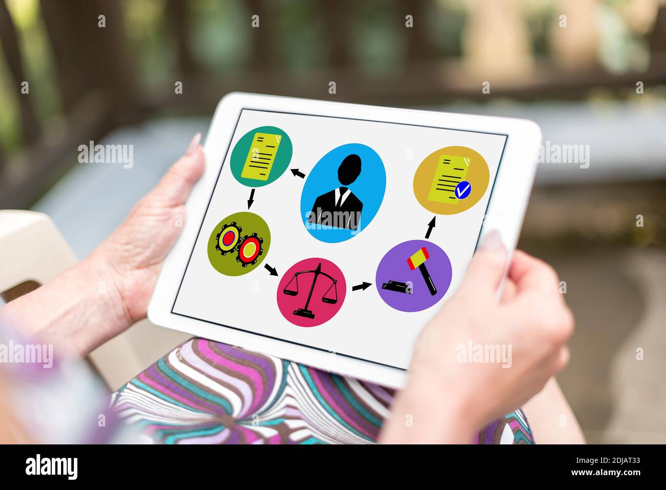 Document validation process concept shown on a tablet held by a woman ...
