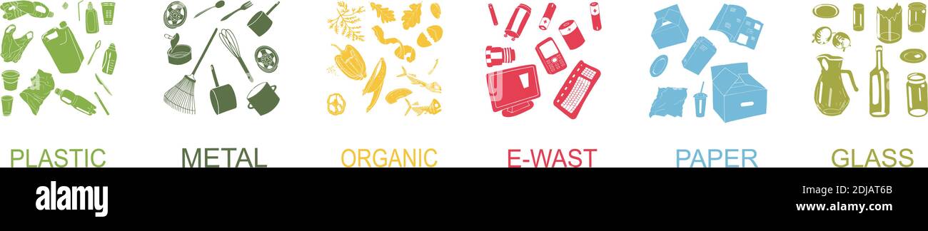 Garbage waste recycling icons, line symbols of different waste sorting. Vector illustration ...
