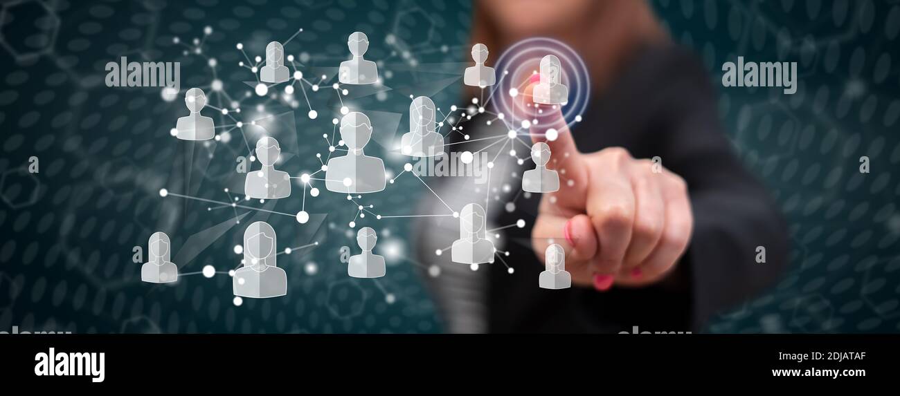 Woman touching a social media network concept on a touch screen with ...