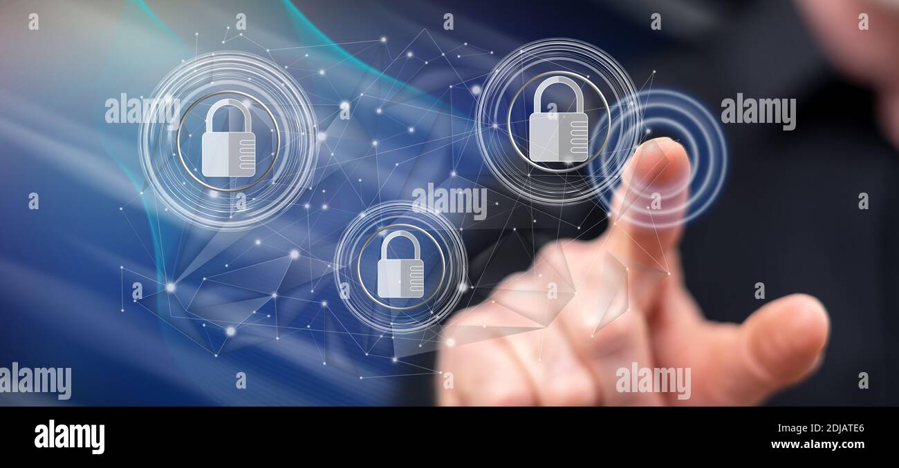 Man touching a network safety concept on a touch screen with his finger ...