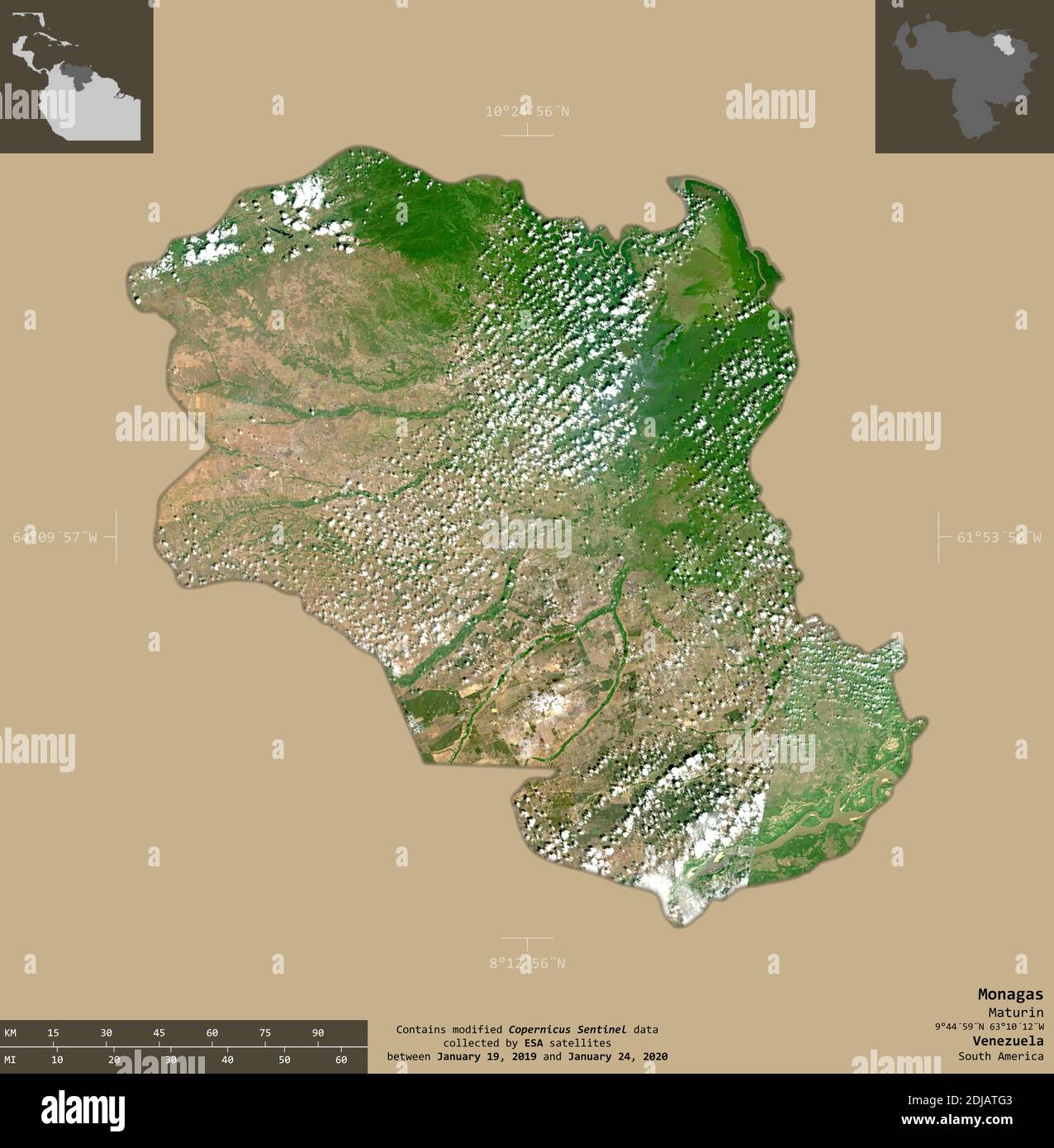 Monagas, state of Venezuela. Sentinel-2 satellite imagery. Shape ...