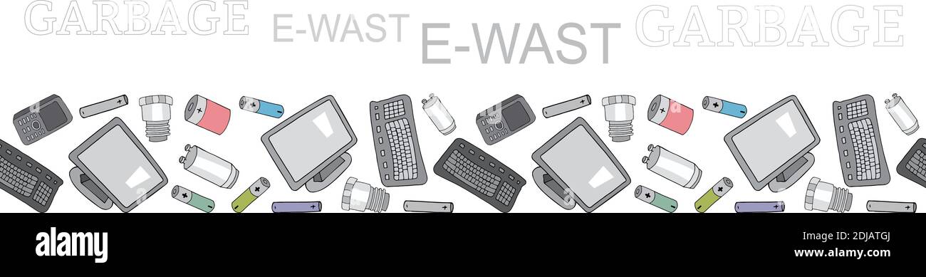 Seamless border with sorted electronic waste garbage isolated on white ...