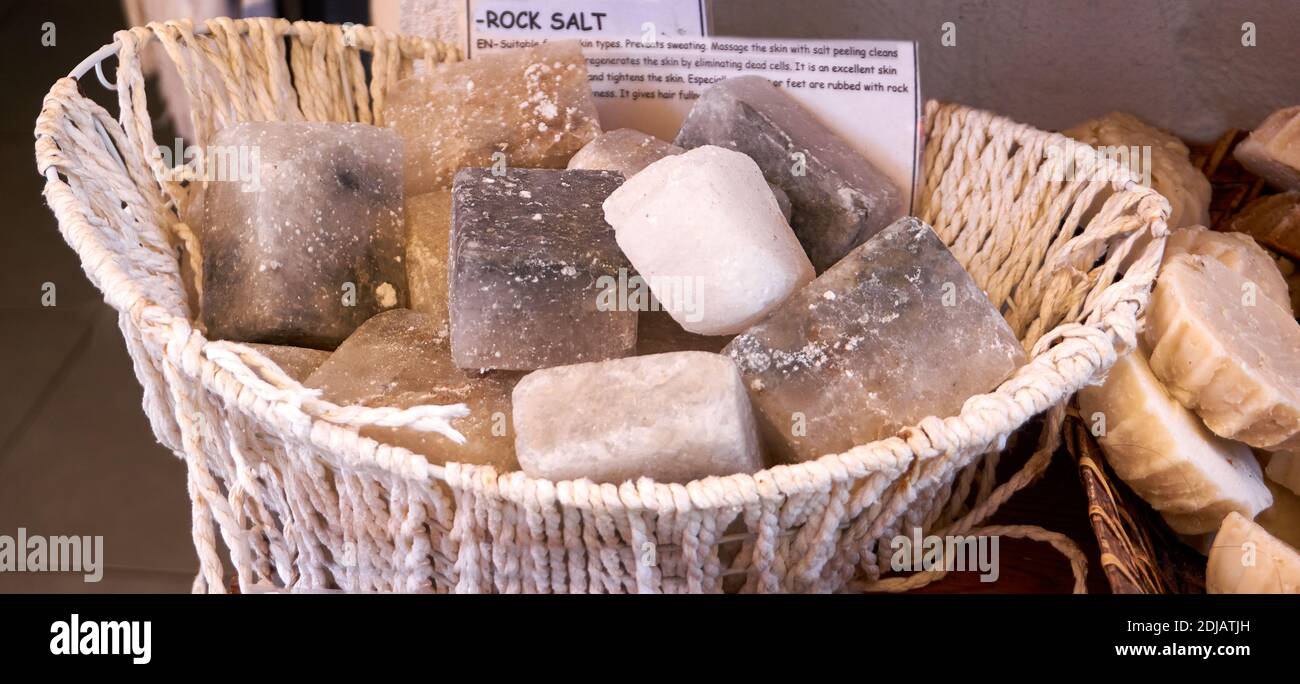 Rock salt in a market with skin care explanation Stock Photo - Alamy