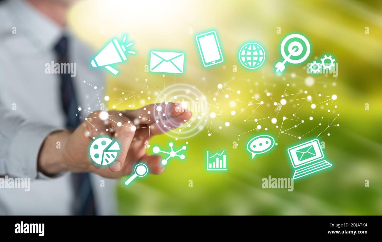 Man touching a digital marketing concept on a touch screen with his ...