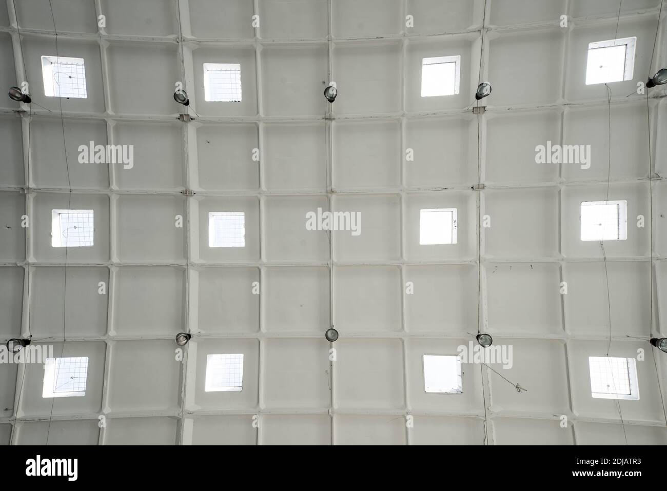 Bottom view of hemispherical reinforced concrete load bearing roof with ...