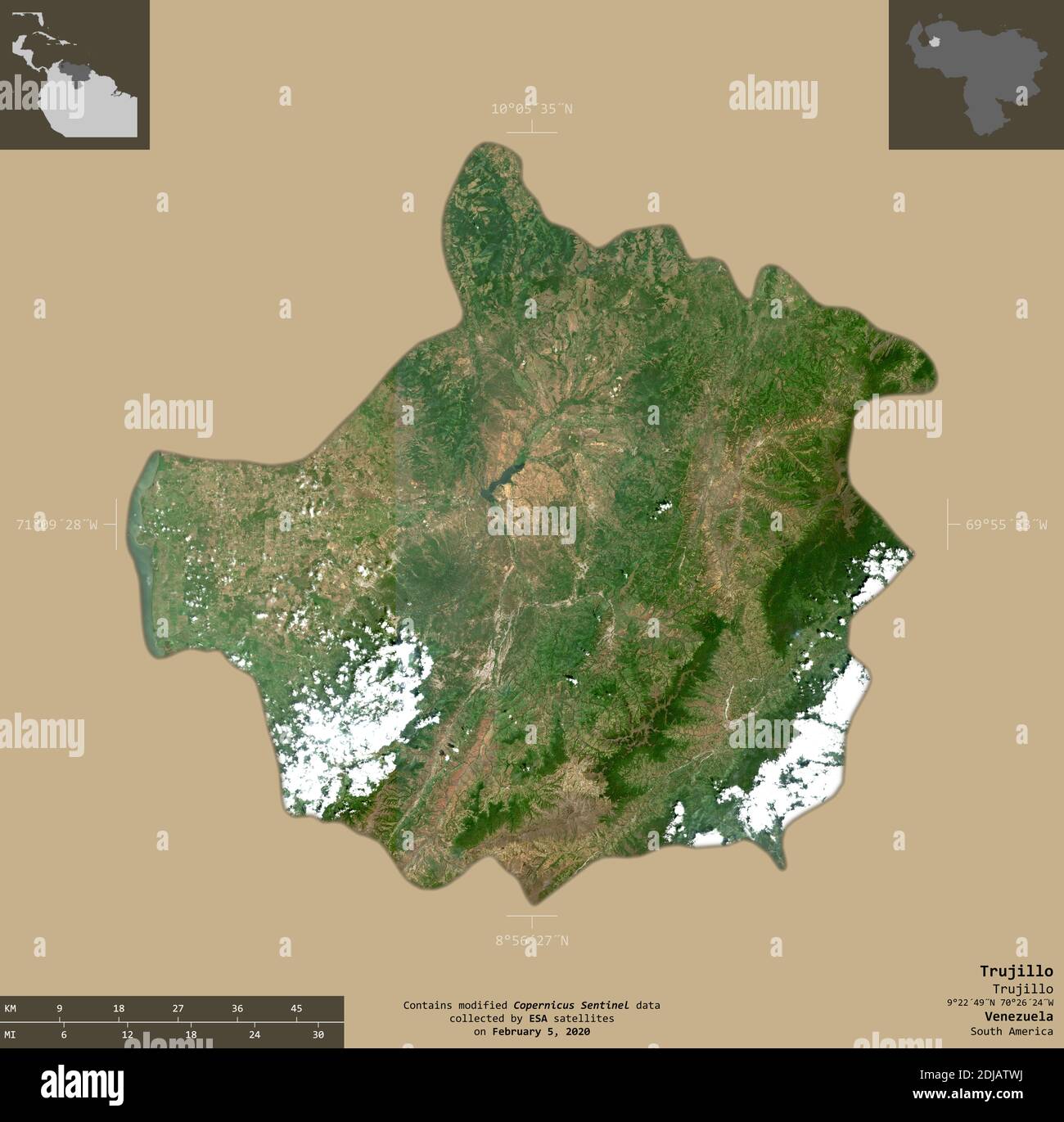 Trujillo, state of Venezuela. Sentinel-2 satellite imagery. Shape ...
