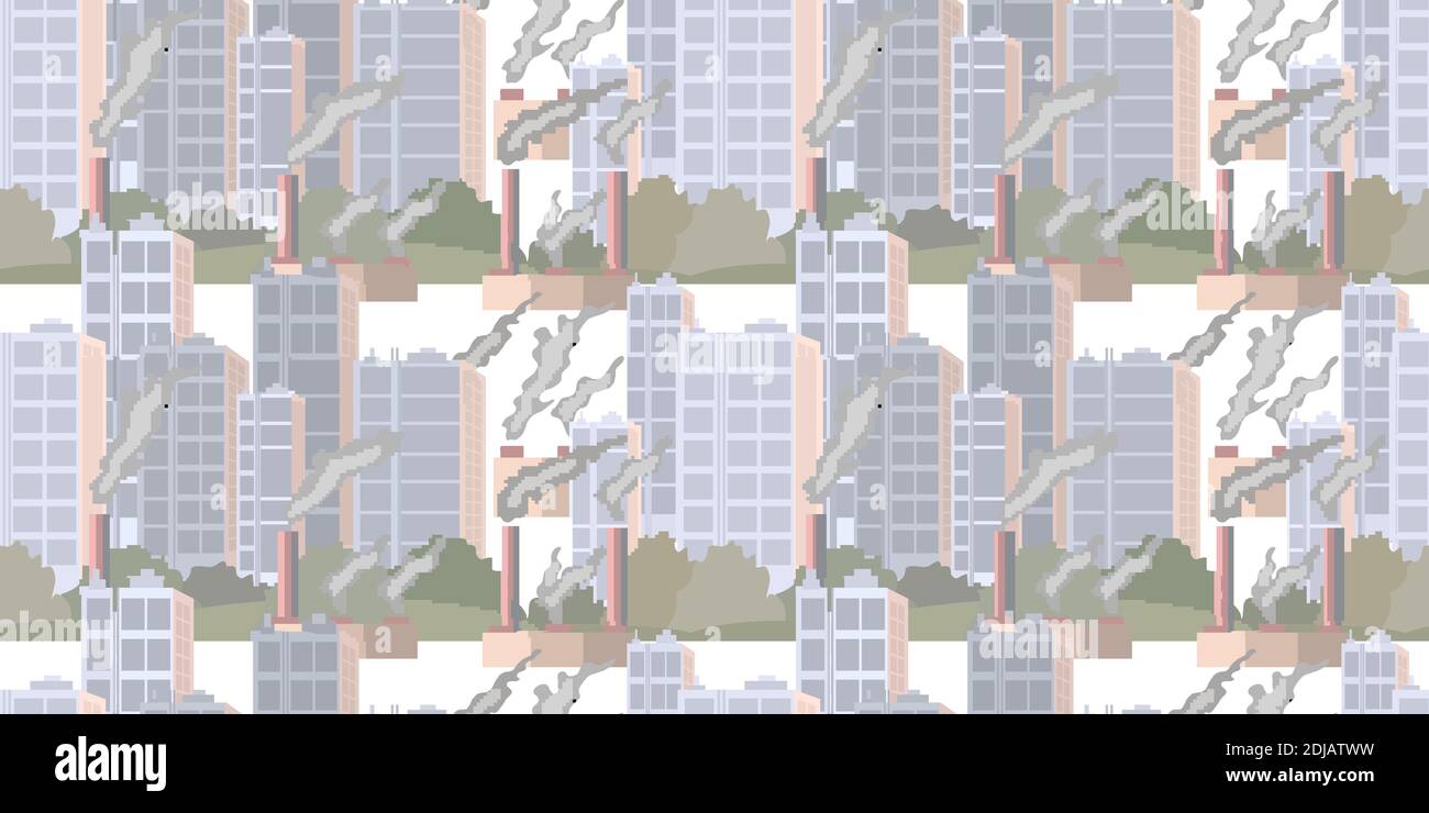 Urban landscape seamless pattern. Air pollution by plants and factories ...