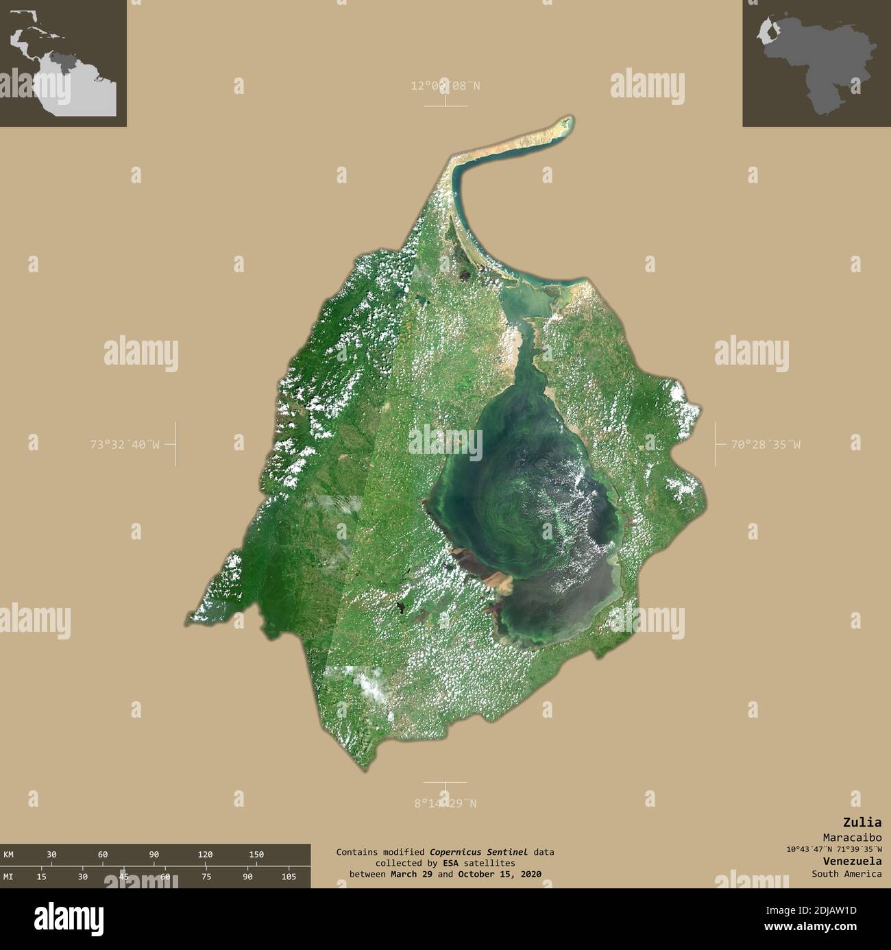 Zulia, state of Venezuela. Sentinel-2 satellite imagery. Shape isolated ...
