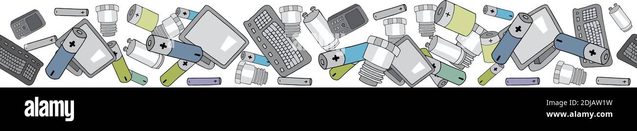 Seamless border with sorted electronic waste garbage isolated on white ...